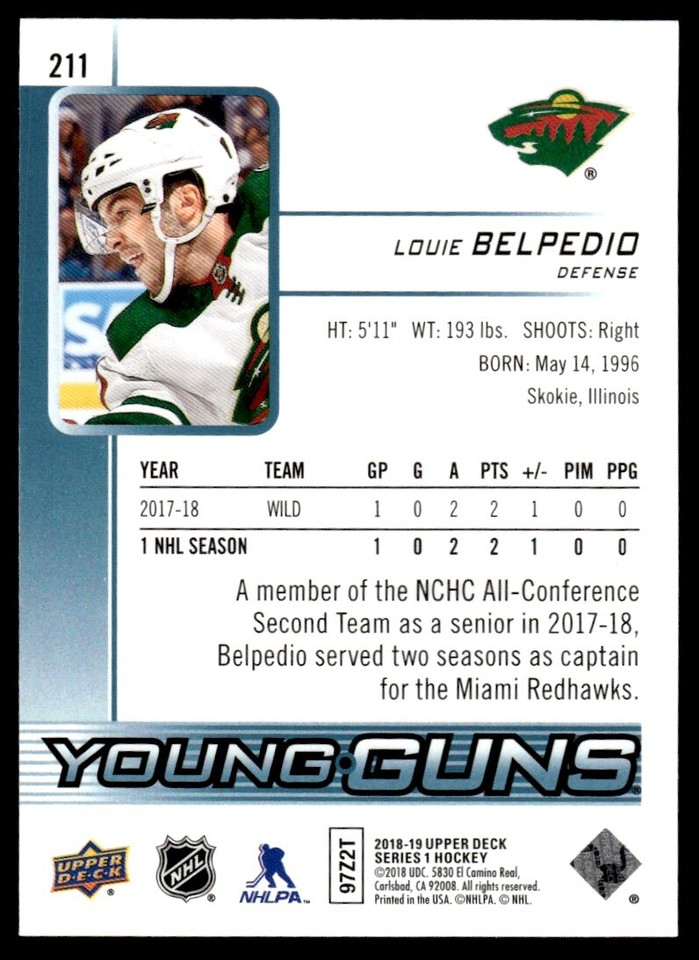 2018-19 Upper Deck Young Guns Louie Belpedio #211 Rookie | eBay