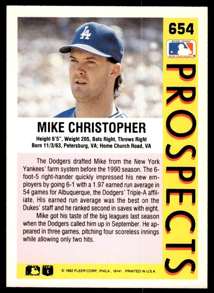 1992 Fleer Baseball Card Mike Christopher Los Angeles Dodgers #654 ...