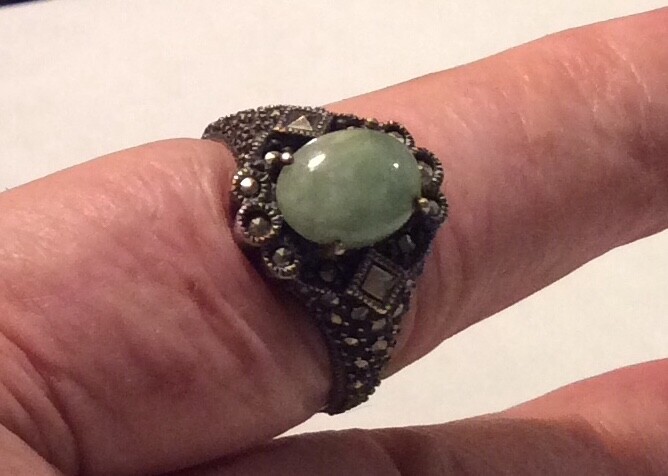 Vintage Sterling Silver Green Jade & Marcasite Ring | eBay