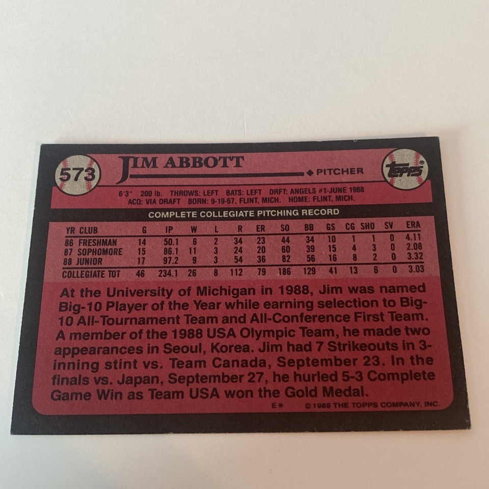 Topps Baseball 1989- Jim Abbott #573 Rookie Card | eBay