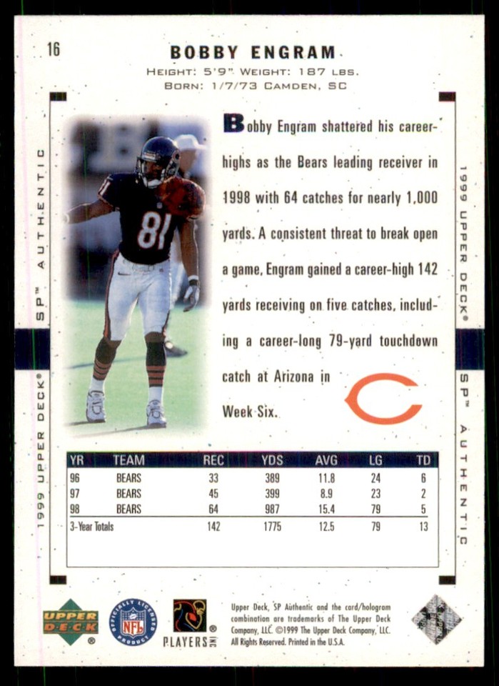 1999 SP AUTHENTIC BOBBY ENGRAM CHICAGO BEARS #16 | eBay
