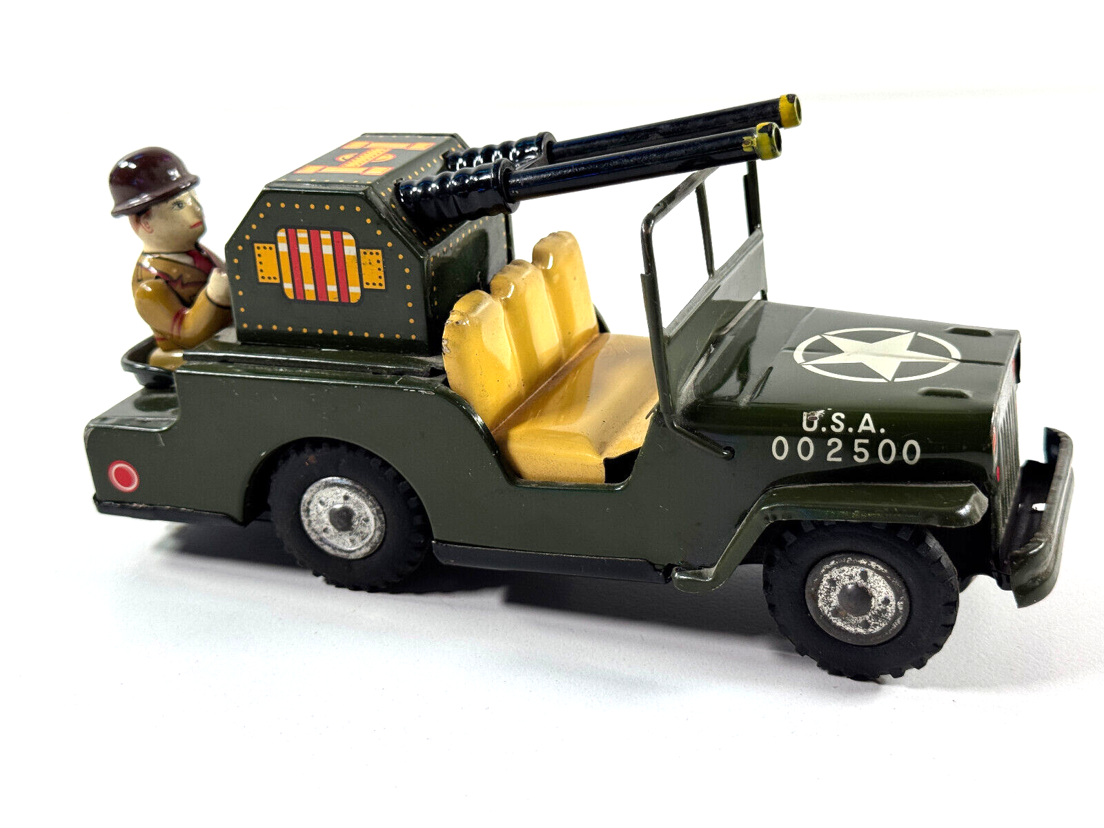 vtg 1950s Japan Tin Litho Friction Army Jeep Car Truck w/ Canon WORKS ...