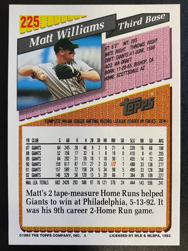 Matt Williams 1993 Topps Baseball Gold Card San Francisco Giants #225 ...