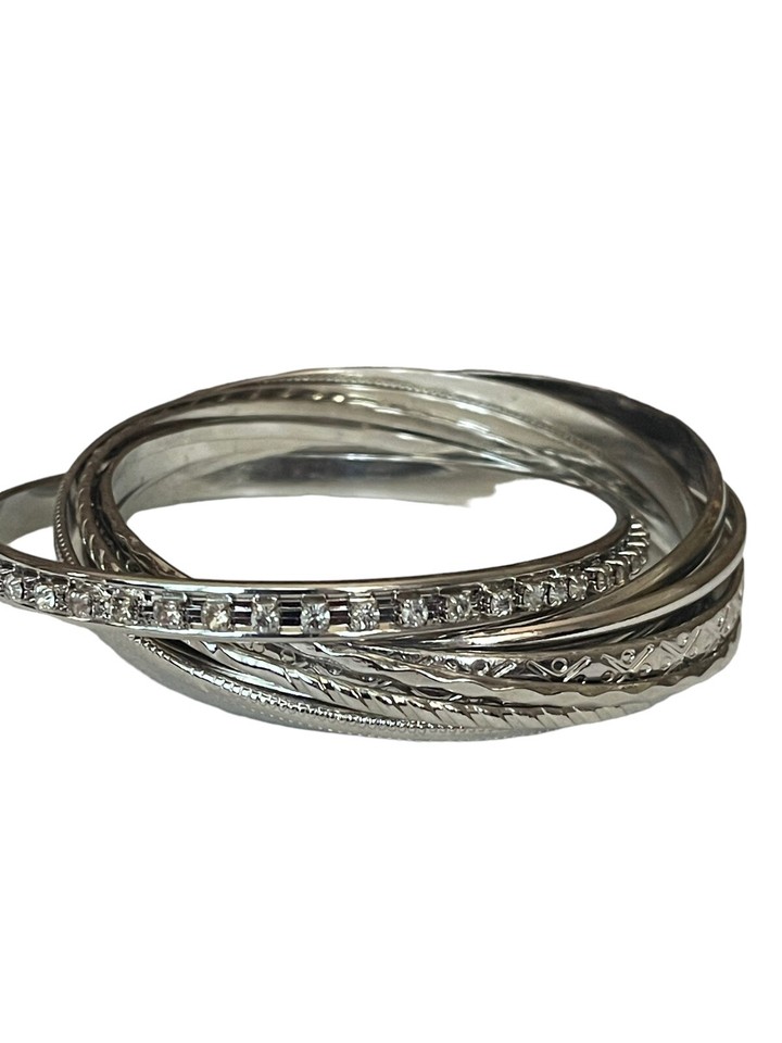 Bangle Bracelets Silver Tone Stack of 8 Connected Nice Bangle Bracelets ...
