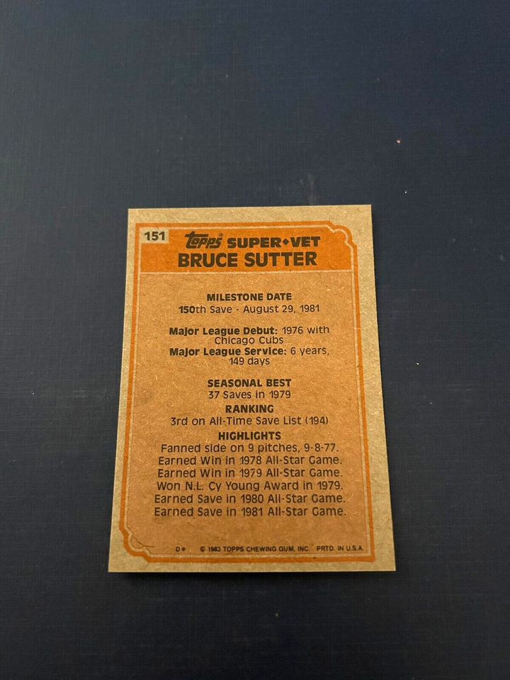 1983 Topps Baseball Bruce Sutter Super Veteran #151 HOF Set Break NM | eBay