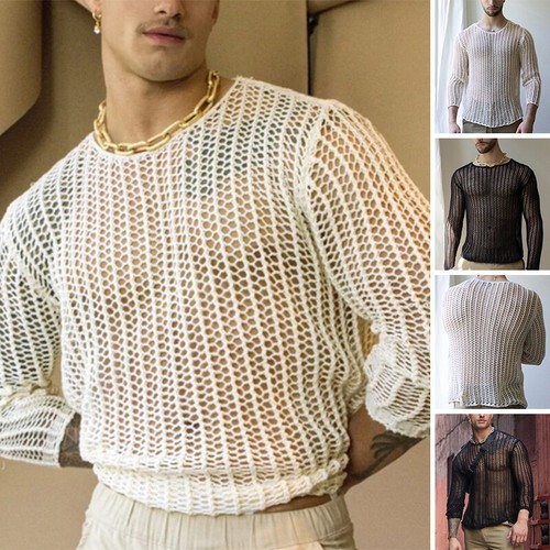 Men Long Sleeve Mesh Fishnet T Shirt Casual Muscle Blouse T Shirt Top ...