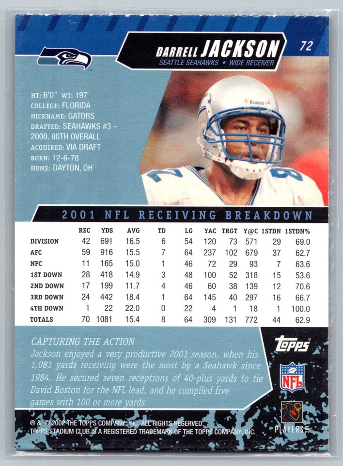 2002 TOPPS STADIUM CLUB CARD # 72 Darrell Jackson - Seattle Seahawks | eBay