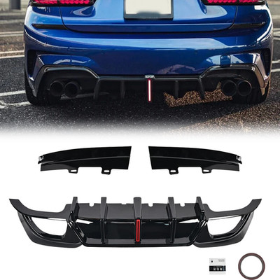 CMS STYLE GLOSS BLACK REAR DIFFUSER W/ LED LIGHT FOR 2019-2022 BMW G20 ...