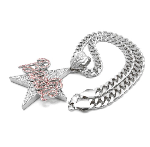 Women Silver Shiny Iced Barbie Star Cubic Zirconia Charm & Cuban Chain ...
