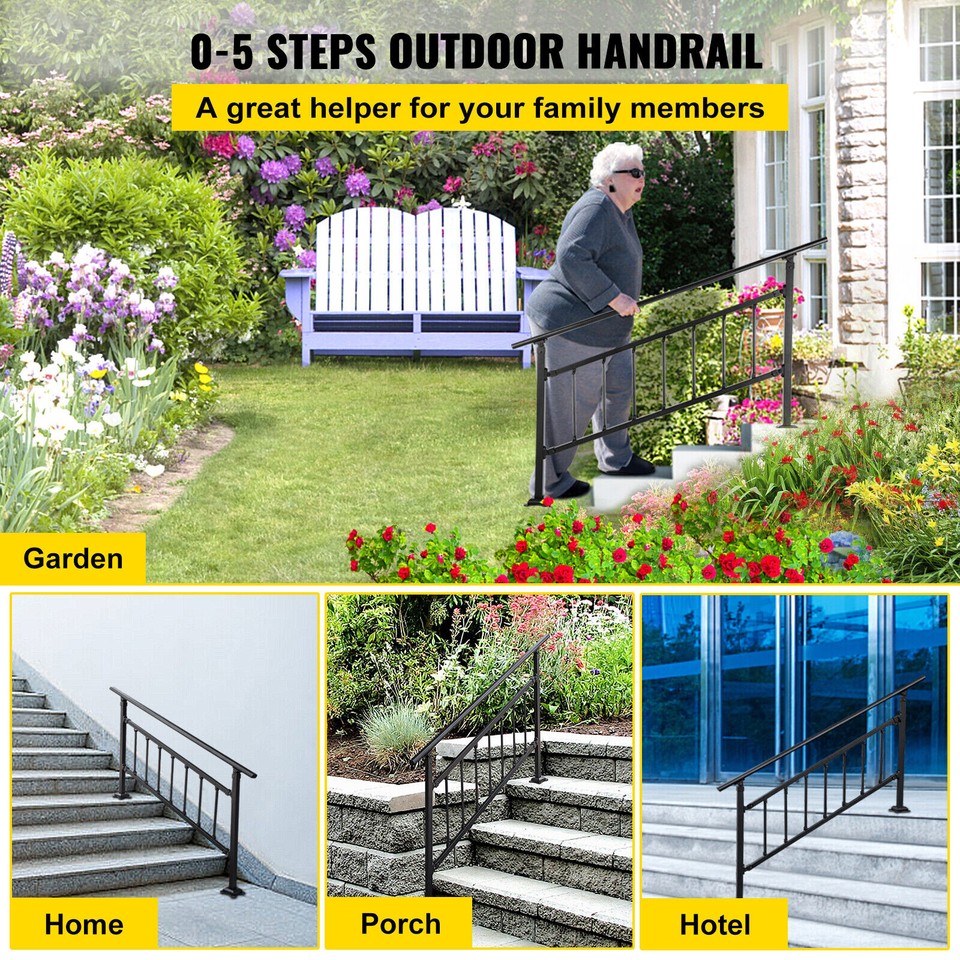 VEVOR Iron Handrail Stair Railing Hand Rail Kit 0-5 Steps Outdoor Black ...