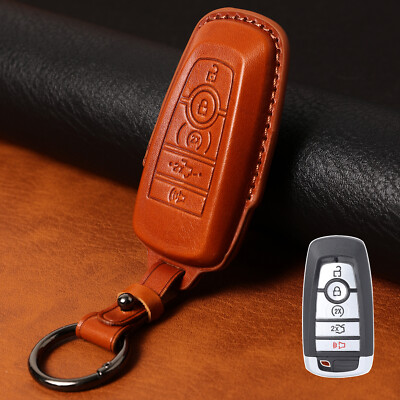 LEATHER Key Fob Chain For Ford 5 Button Remote Accessories Cover Case ...