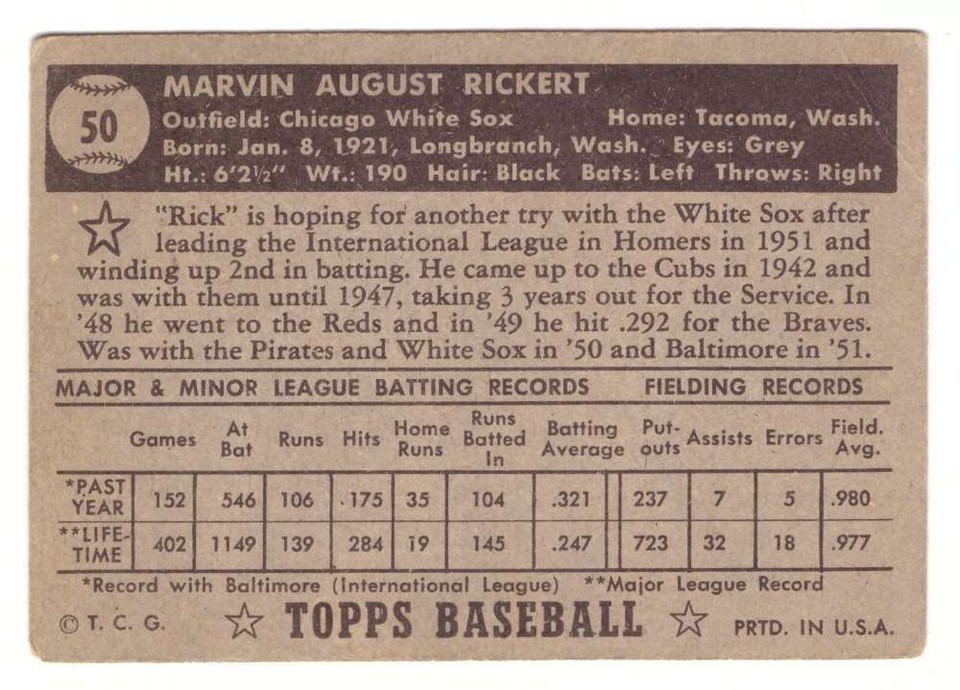 1952 Topps #50A Marv Rickert BLACK BACK RC G-VG Chicago White Sox | eBay