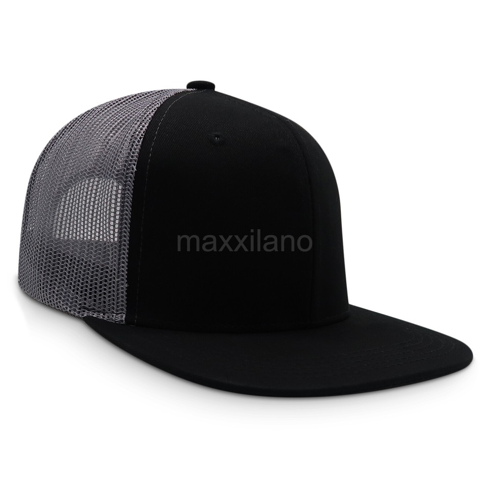 Men Snapback Hat Cotton Mesh Solid Flat Brim Style Baseball Cap Trucker ...