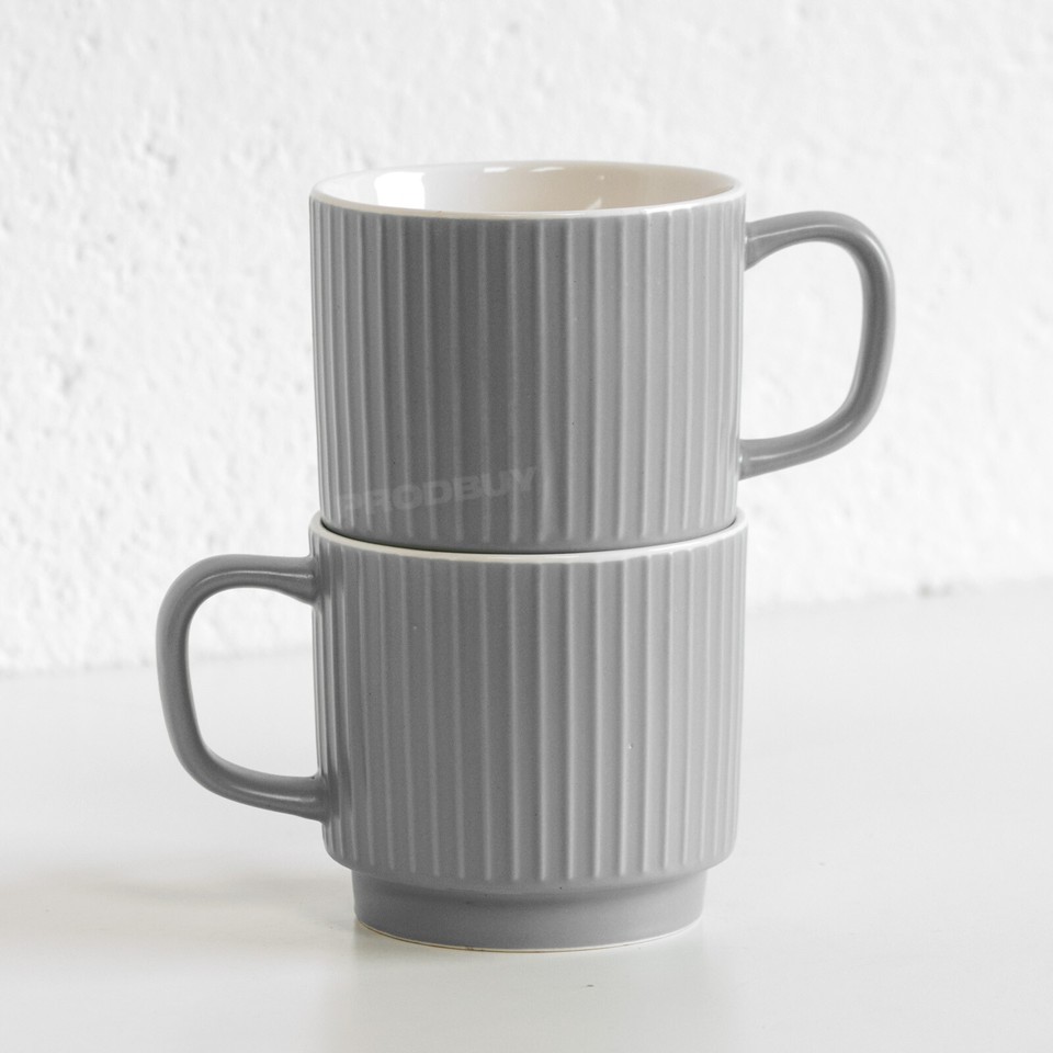 Set of 2 Grey Coffee Mugs 370ml Ribbed Stackable 13oz Ceramic China Tea ...