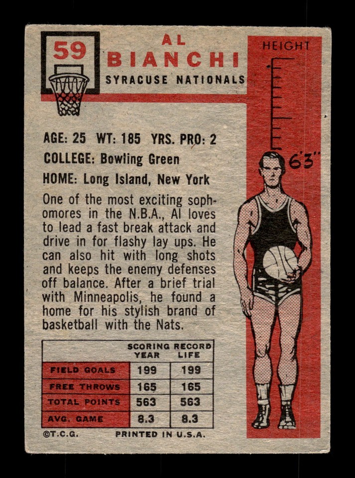 Al Bianchi 1957-58 Topps Rookie #59 EX Syracuse Nationals | eBay