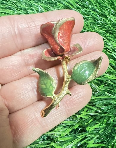 Vintage Gold tone KC Kenneth Cole Single Stem Open Rose Red & Green ...