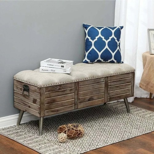Rustic Wood Storage Bench Tufted Farmhouse Upholstered Bedroom Entryway ...