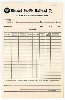 Missouri Pacific Railroad Co. Conductor's Blind Siding Report 3 Part ...