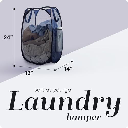 Collapsible Mesh Pop Up Hamper with Wide Opening and Side Pocket Blue ...