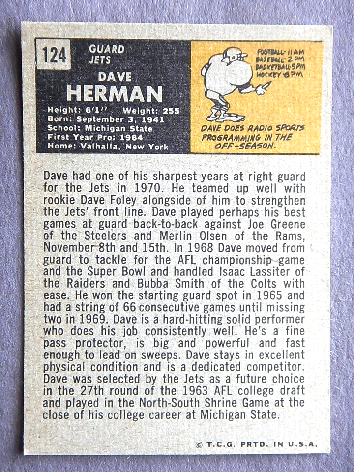 Dave Herman #124 Topps 1971 Football Card (New York Jets) *VG | eBay