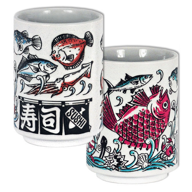 Japanese Sushi Tea Cup Porcelain 4" H Jellyfish Fugu Tai Fish Made in ...