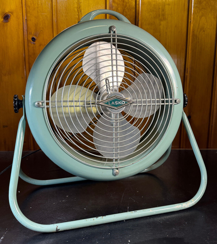 Vintage LASKO Retro Aqua Blue Round Metal Fan 2-Speed Mid Century ...