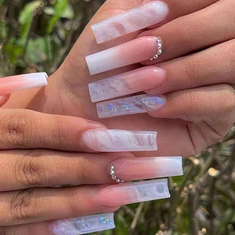 Ombre Pink White Press on Nails Long Square , Glitter Fake Nails with ...