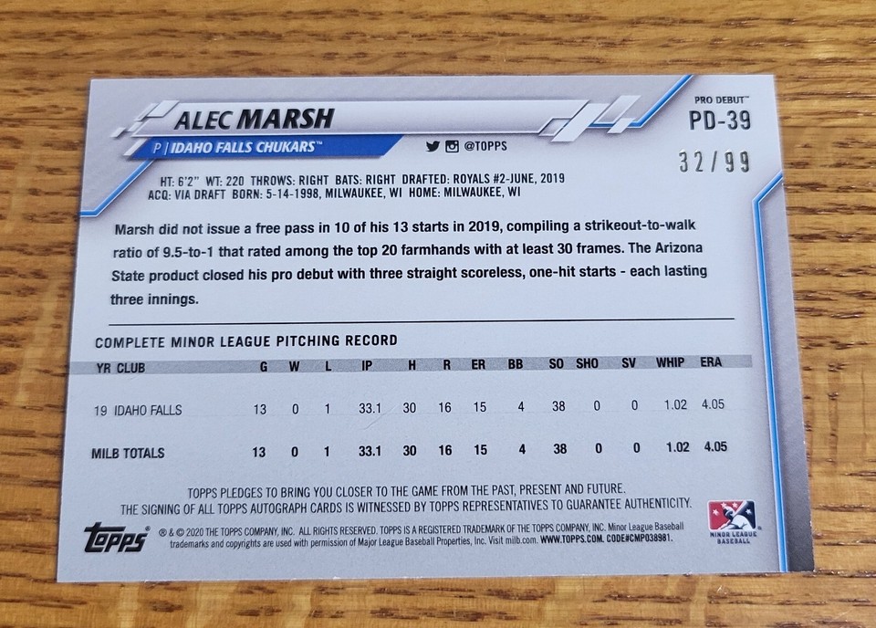 Alec Marsh 2020 Topps Pro Debut Autographs Green PD39 /99 Royals | eBay