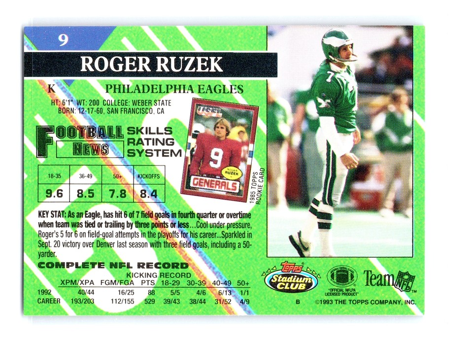 1993 Stadium Club Football #9 Roger Ruzek Philadelphia Eagles | eBay