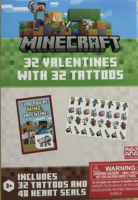 Minecraft 32 Valentines Cards W/Stickers. 48 Heart Seals. 8 Different ...