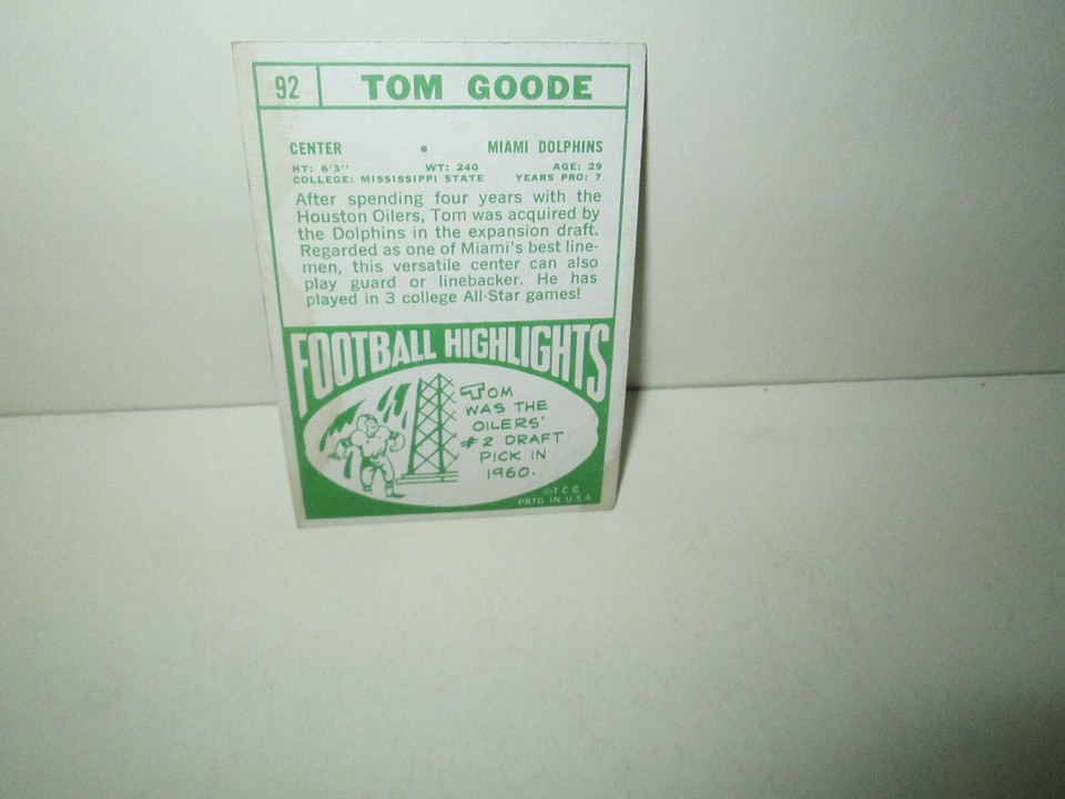 TOM GOODE 1968 FOOTBALL CARD Topps #92 MIAMI DOLPHINS Center Lower ...