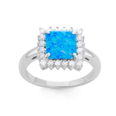 Sterling Silver Blue Inlay Opal Square with CZ Border Ring | eBay