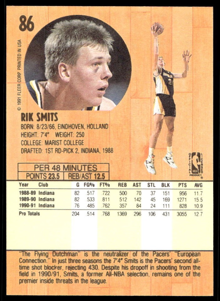 1991 Fleer 86 Rik Smits Indiana Pacers Basketball Card | eBay