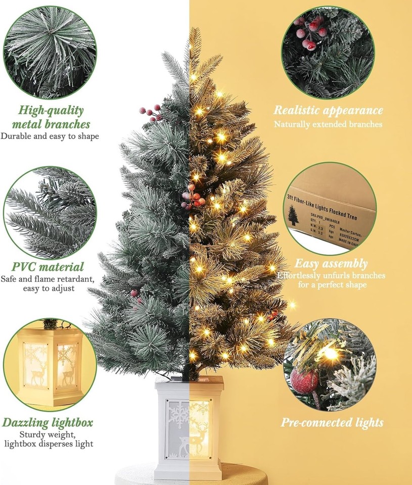 2Pcs 3Ft Pre-Lit Artificial Christmas Tree w/ LED Snow Flocked Xmas ...