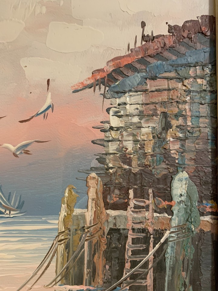 original signed Florence Wilkins oil canvas painting ship dock boat ...