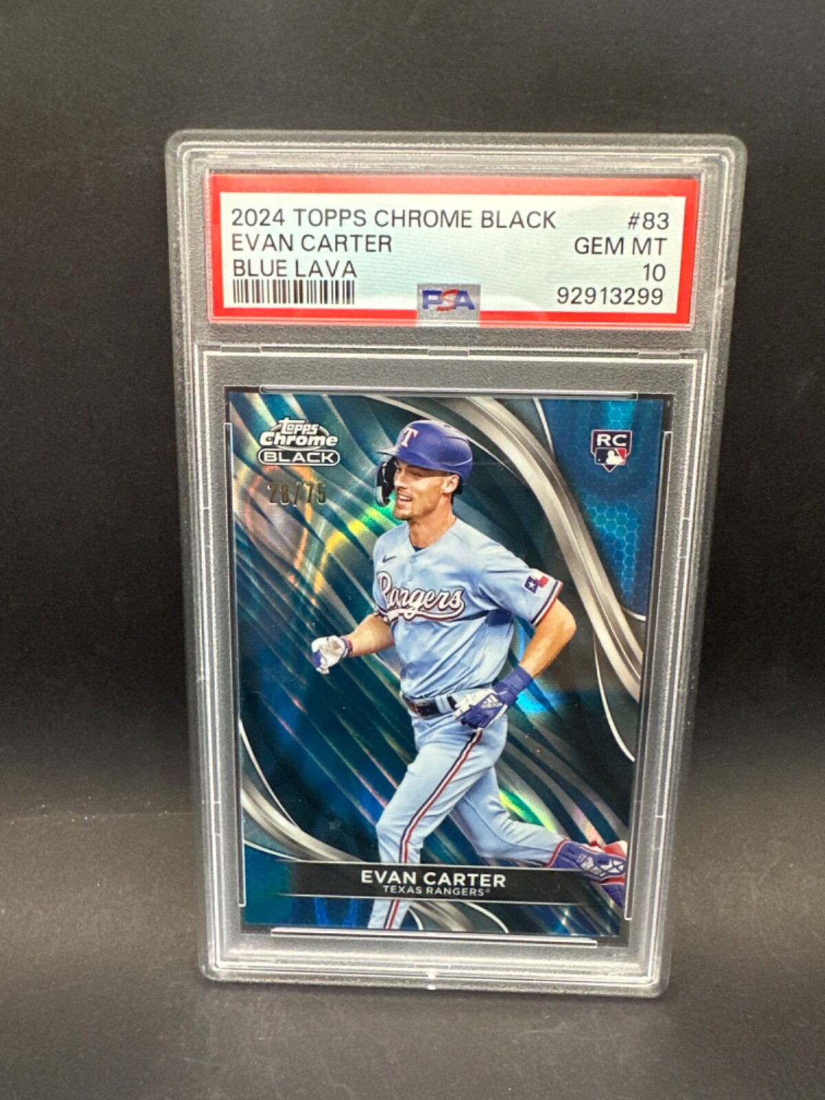 2024 Topps Chrome Black Evan Carter RC Rangers Blue Lava Refractors 28/ ...