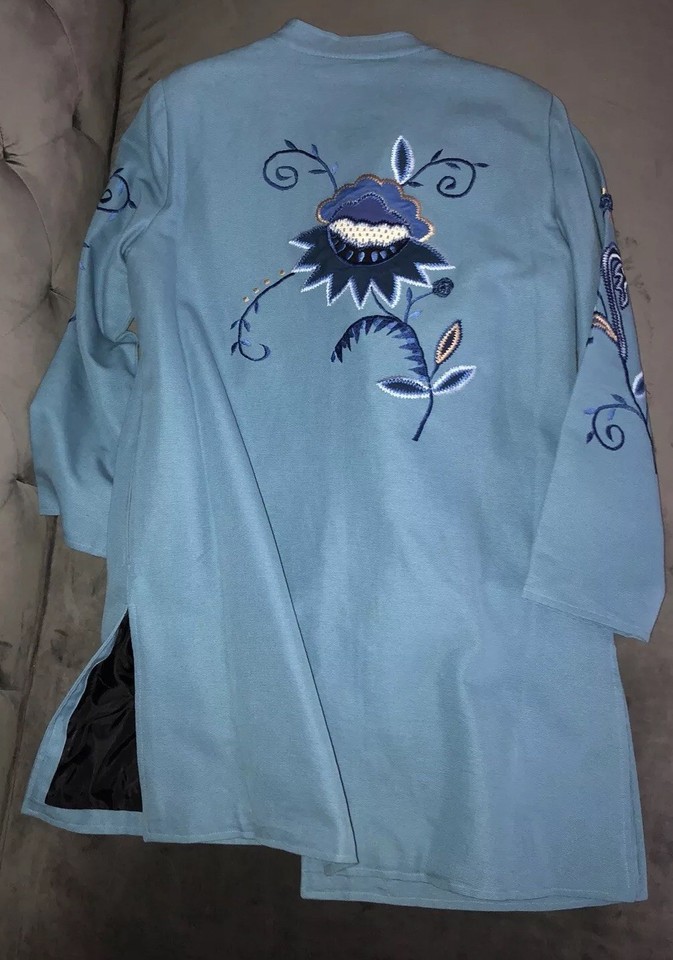VTG Anthropologie Indigo Moon Embroidered Blue Duster Cotton Jacket Sz ...