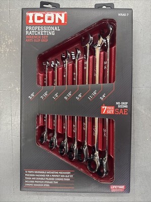 Icon Ratcheting Wrench Set Anti Slip Grip WRAS-7 7 Piece Set SAE ...