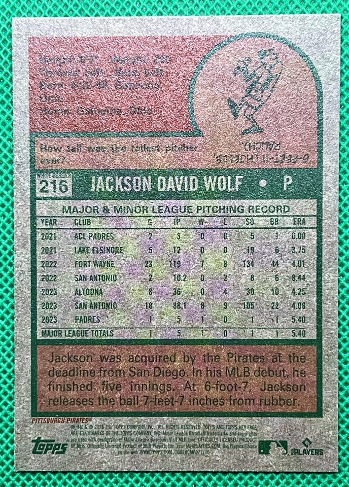 2024 Topps Heritage RED BORDER SP #216 Jackson Wolf, Pittsburgh Pirates ...