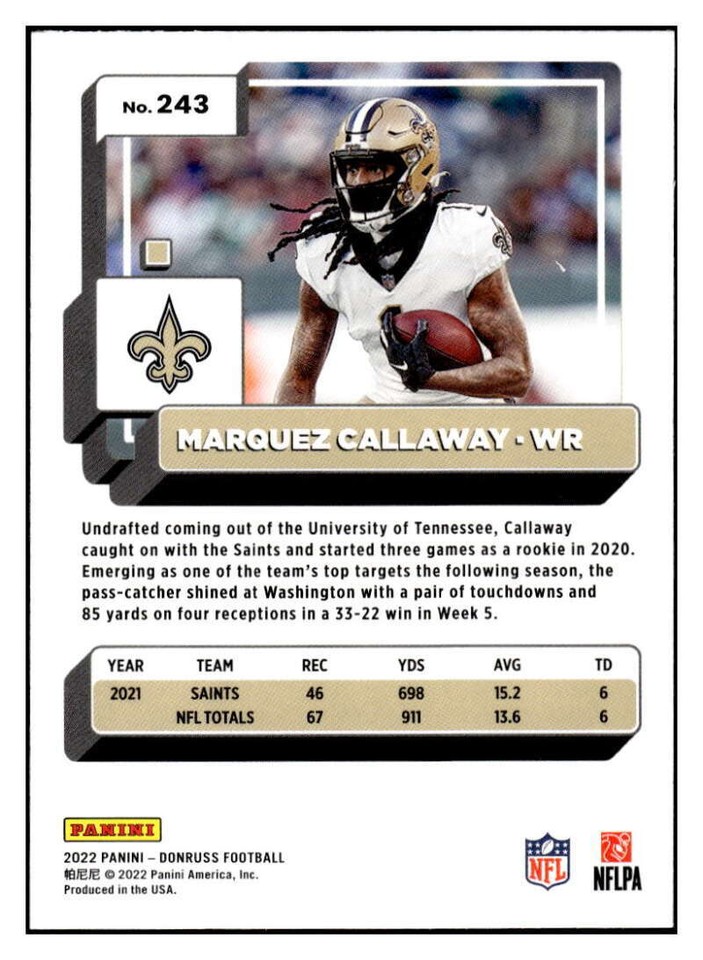 MARQUEZ CALLAWAY 2022 Donruss Press Proof Red #243 NFL Saints ID:53988 ...