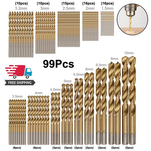 99Pcs Titanium Coated Drill Bits Set High Speed HSS Drill Power Tools 1 ...