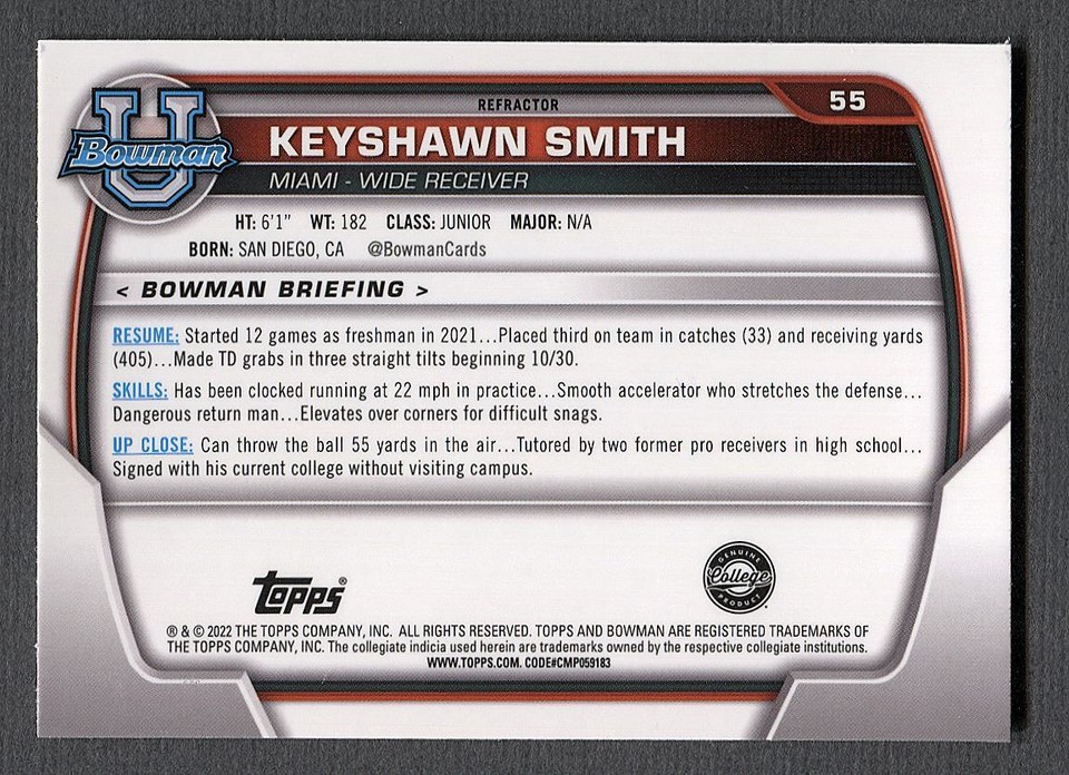 2022 Bowman Chrome University Refractor #55 Keyshawn Smith 1st | eBay