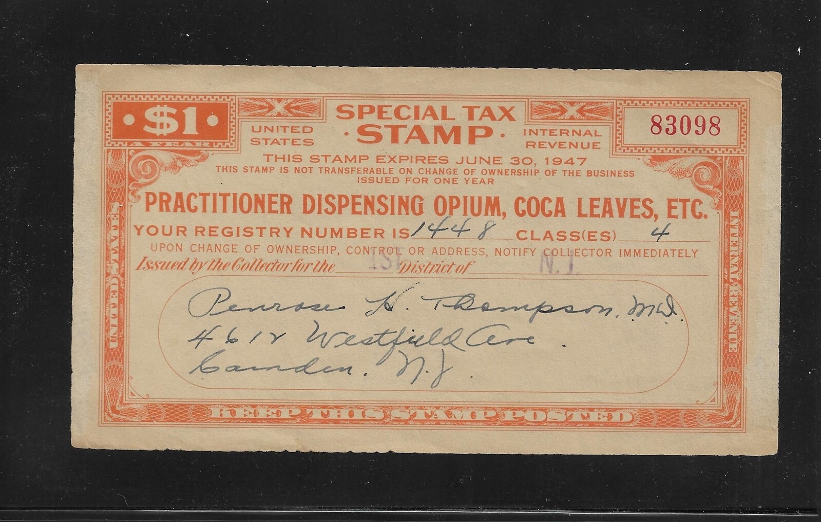 US Revenues; Special Tax Stamp; Practioner Dispensing Opium, Coca ...