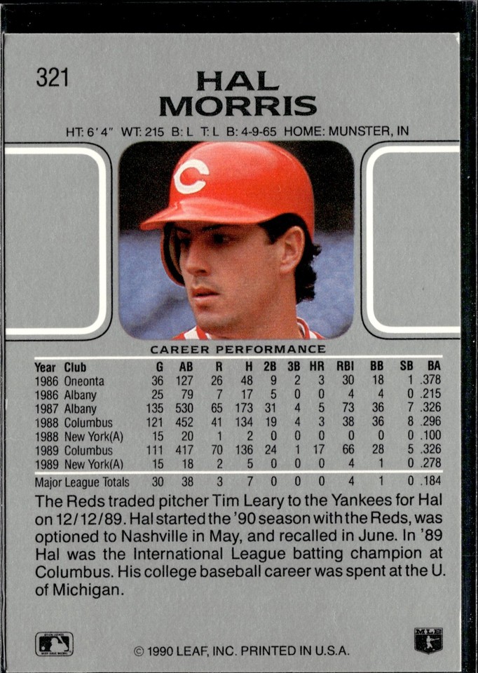 1990 Leaf baseball Rookie #321 HAL MORRIS Cincinnati Reds RC D3 | eBay