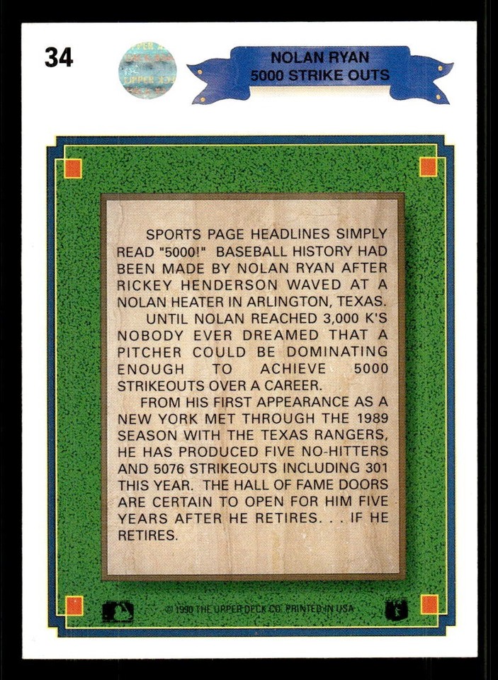1990 UPPER DECK NOLAN RYAN 34 MINT BASEBALL TEXAS RANGERS | eBay