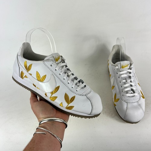 Nike Cortez CE Sneaker Women 9.5 White Gold Leaves Leather Lace Up Low ...