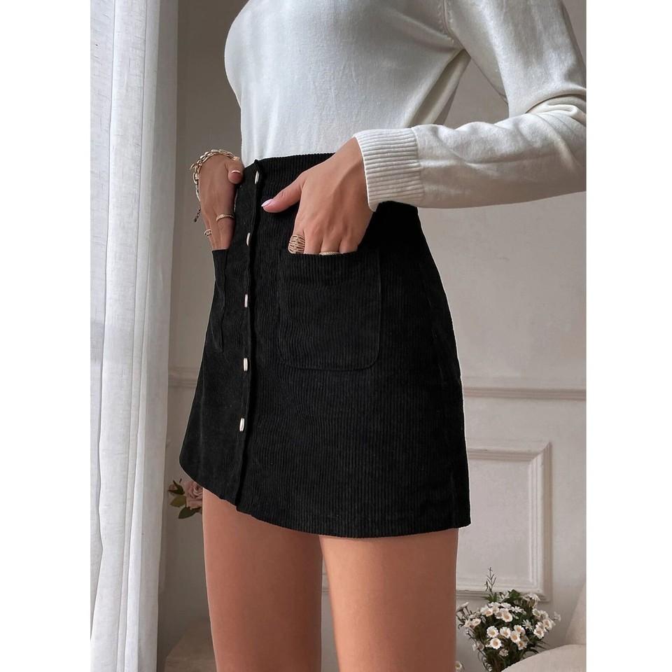 Black Short Corduroy Skirt For Ladies With Buttons Pockets A-line ...