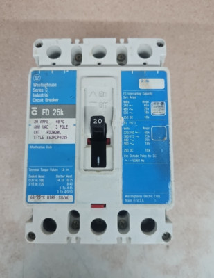 Westinghouse FD3020L Industrial Circuit Breaker, Series C, 20A, 600 VAC ...