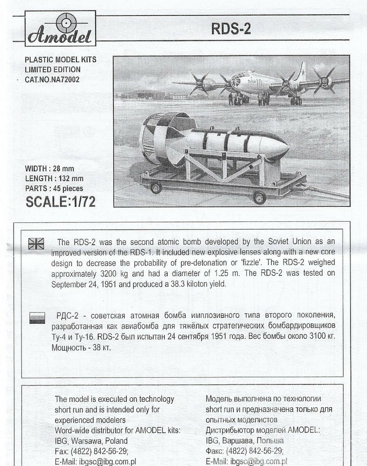 Amodel NA72002 Plastic model airplane kit Scale 1:72 Soviet atomic bomb ...