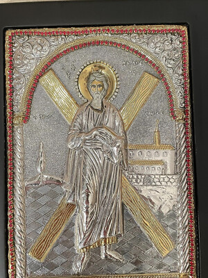 Greek Orthodox Icon Antique Saint Icon Solid Silver 350 Handset Gems St ...